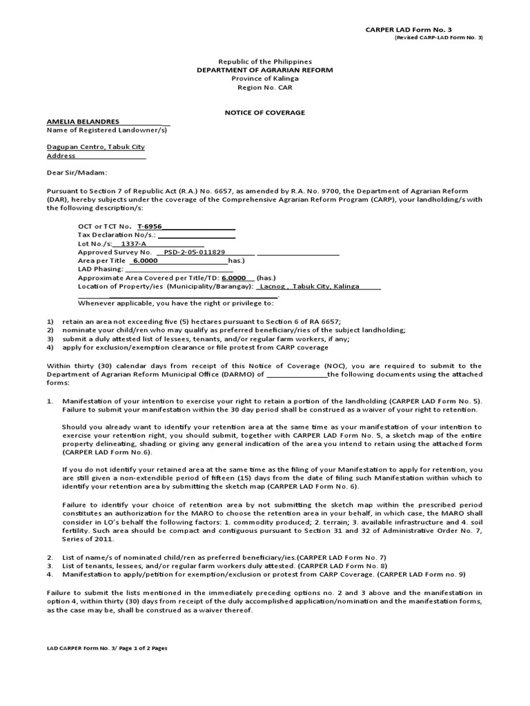 CARPER LAD Form No. 3 Notice of Coverage | PDF | Common Law | Justice