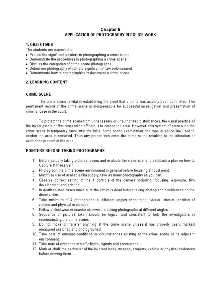 Application of Photography in Police Work 1. Objectives | PDF | Crime ...