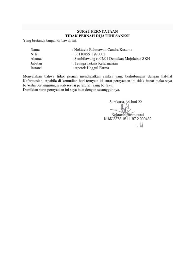 Surat Pernyataan Tidak Pernah Dijatuhi Sanksi-Dikonversi | PDF