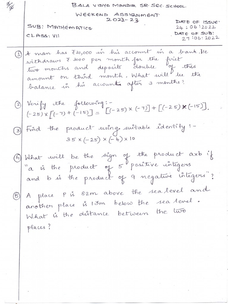 Class 7 WA 1 - 24.6.2022 | PDF