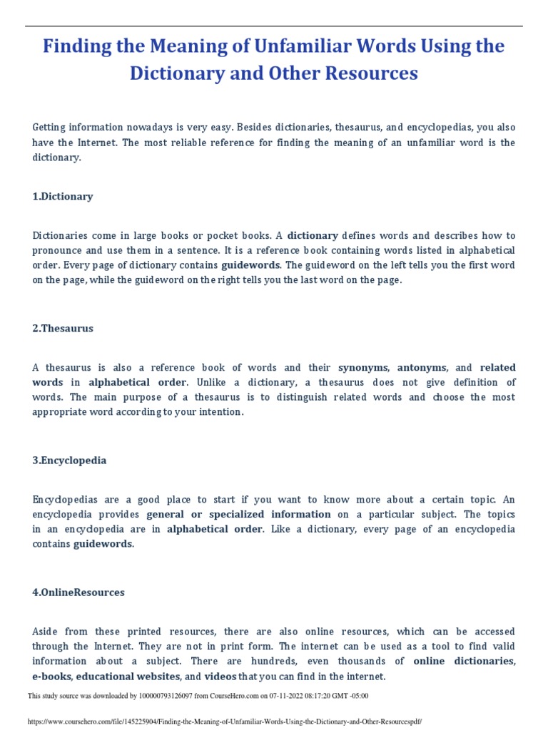 Finding The Meaning of Unfamiliar Words Using The Dictionary and Other Resources PDF | PDF ...
