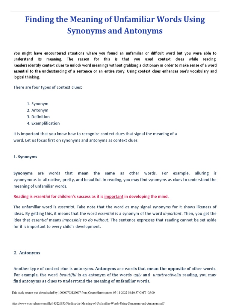 Understanding Unfamiliar Words | PDF | Word | Definition