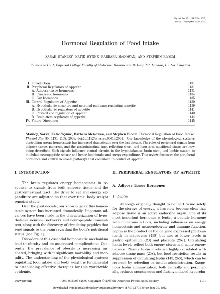 Hormonal Regulation of Food Intake | PDF | Leptin | Eating