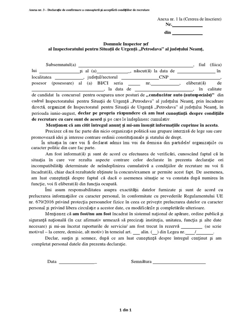 Anexa Nr. 3 - Declaraţie de Confirmare A Cunoaşterii Şi Acceptării ...