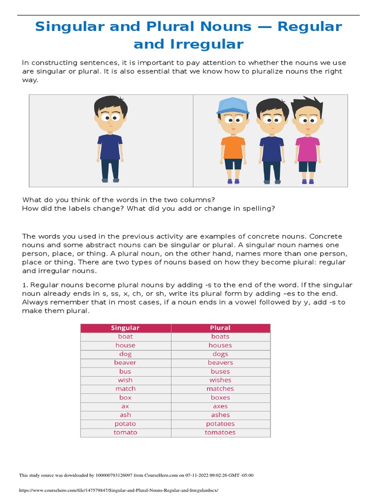 Singular and Plural Nouns - Regular and Irregular | Download Free PDF ...