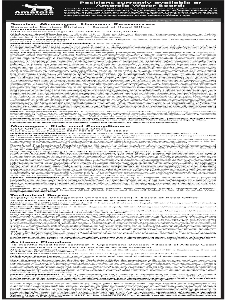 Amatola Water - Available Positions | Download Free PDF | Procurement ...