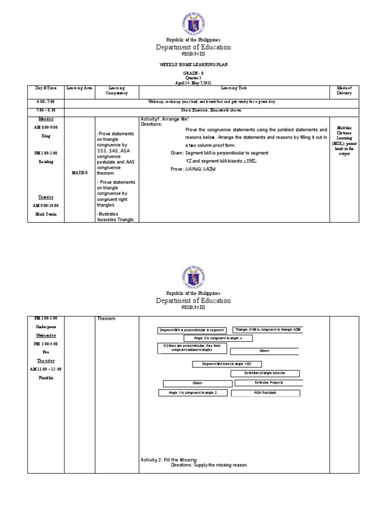 WEEKLY HOME LEARNING PLAN - Math 8 | PDF | Perpendicular | Triangle