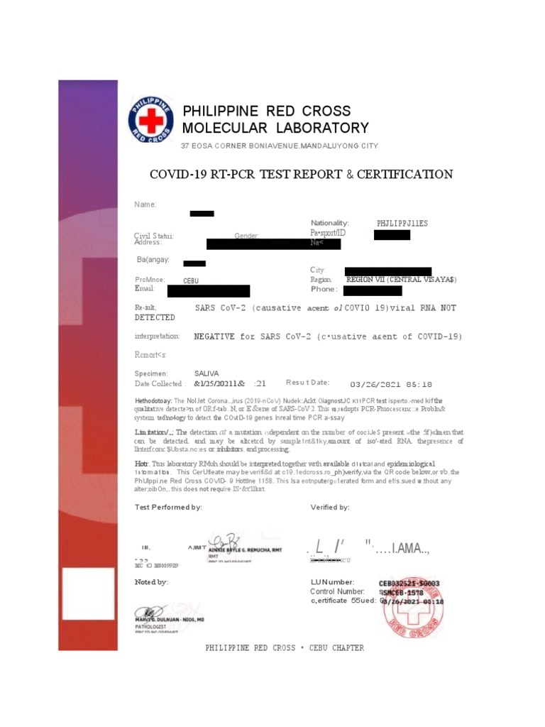 Philippine Red Cross Molecular Laboratory: Covid-19 RT-PCR Test Report ...