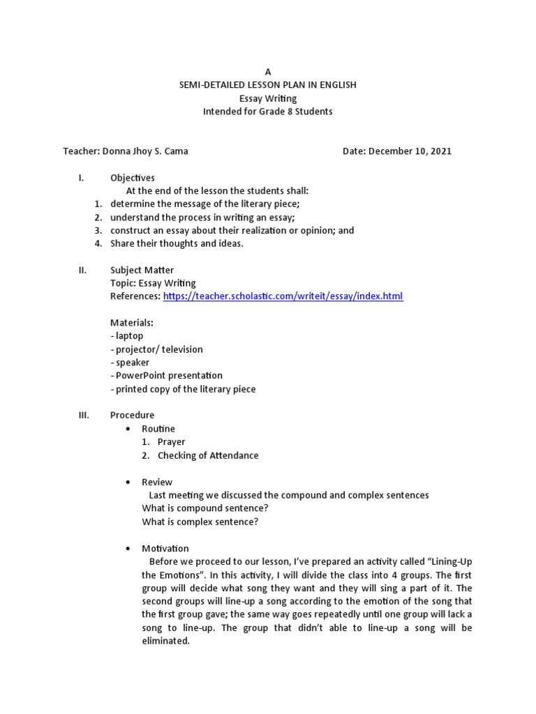 Semi-Detailed Lesson Plan | PDF | Essays | Lesson Plan