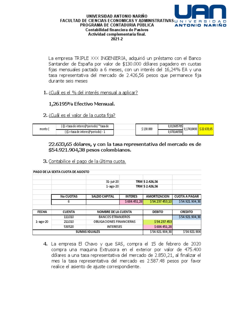 Actividad Complementaria Final - Pasivos | PDF | Contabilidad | Interés