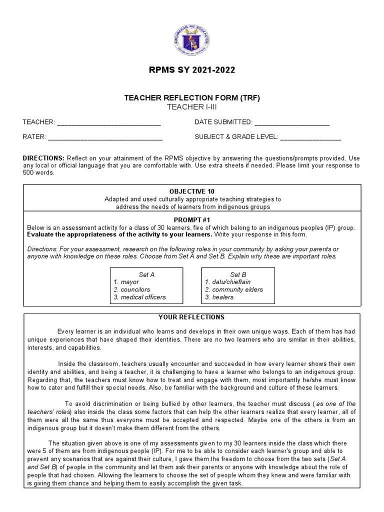 RPMS SY 2021-2022: Teacher Reflection Form (TRF) | PDF | Constructivism ...