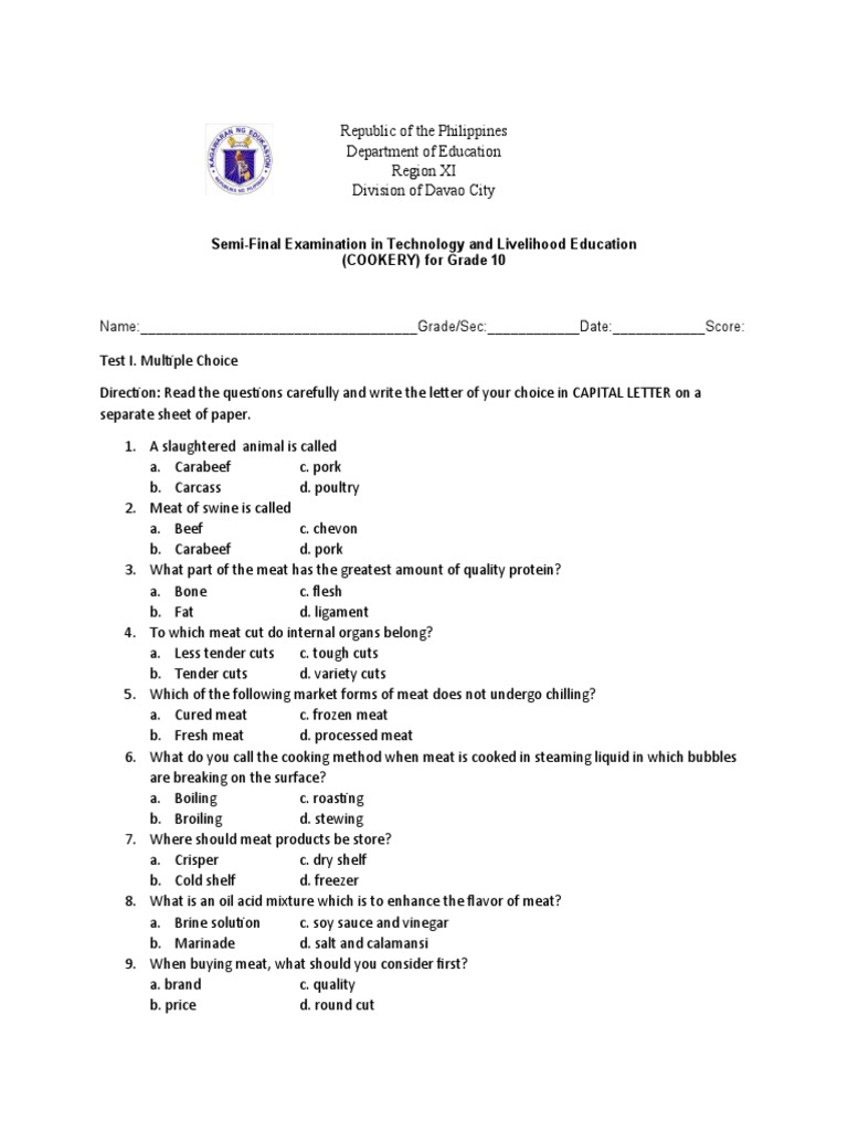 Grade 10 Tle Semi-Final Exam | PDF | Meat | Beef