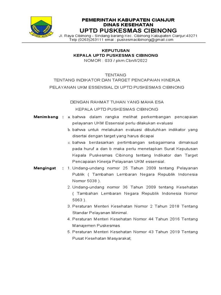 SK INDIKATOR KINERJA PELAYANAN UKM Esensial | PDF