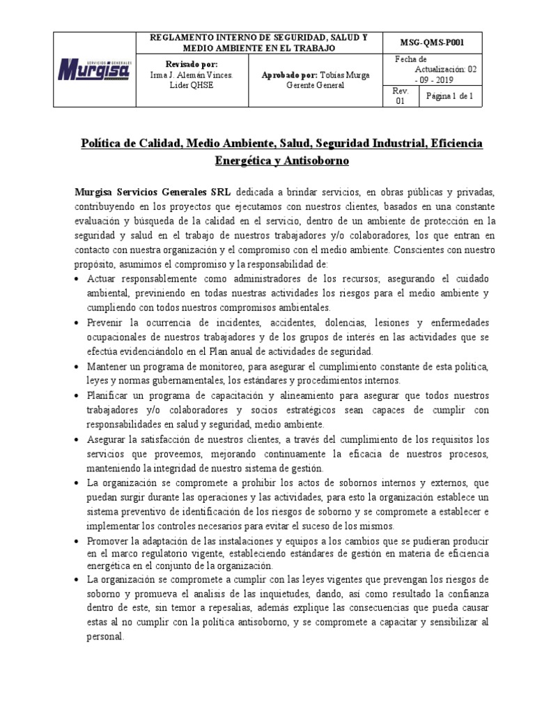 MSG-QMS-PO001 Politica Integrada de Murgisa | PDF | Calidad (comercial) | Uso eficiente de energía