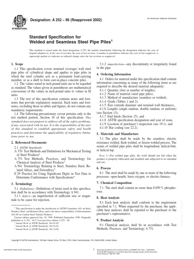 Astm A252 - 02 | PDF | Pipe (Fluid Conveyance) | Construction