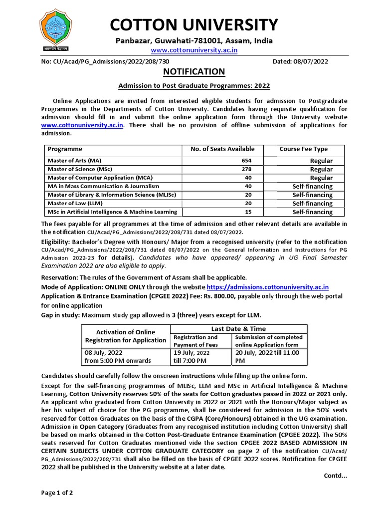 Notification PG Admissions 2022 | Download Free PDF | Master's Degree | Postgraduate Education