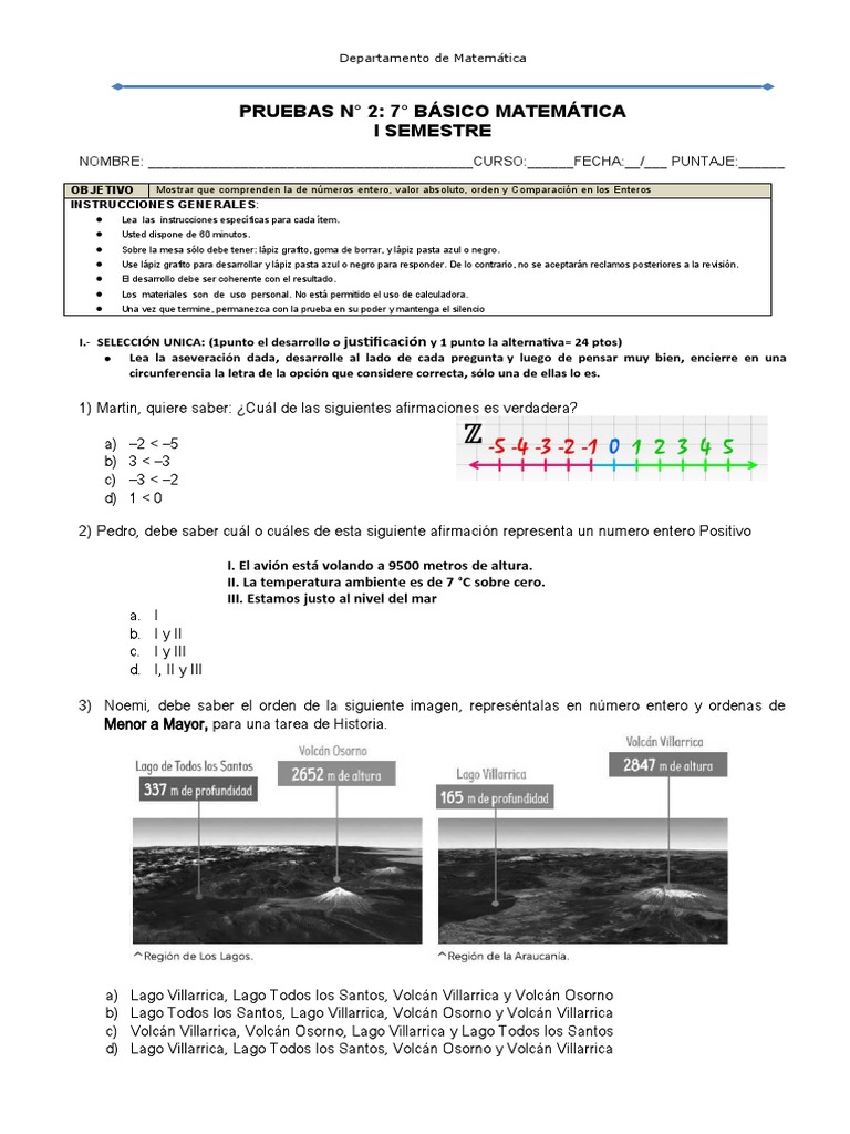 Prueba N2, Septimo Mate - Enteros Sumativa-Mayo | Download grátis PDF | Ciencias fisicas