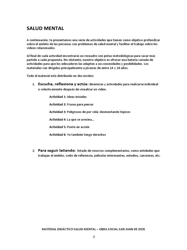 Actividades Didácticas Salud Mental | PDF | Trastorno mental | Mente