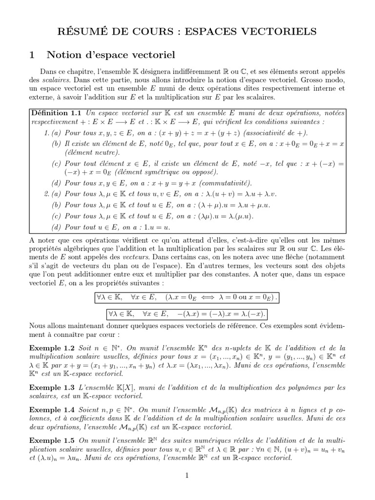 Résumé des Espaces Vectoriels | PDF | Espace vectoriel | Base (algèbre ...