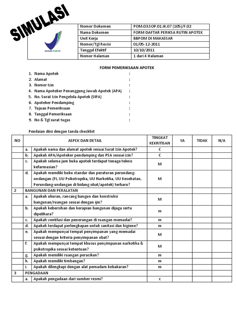 Form Pemeriksaan Apotek | PDF