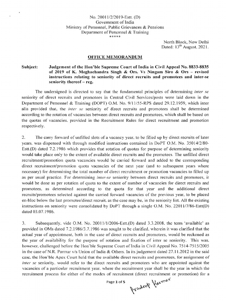 Revised Seniority Guidelines for Recruits | PDF | Government Of India | Supreme Court Of India