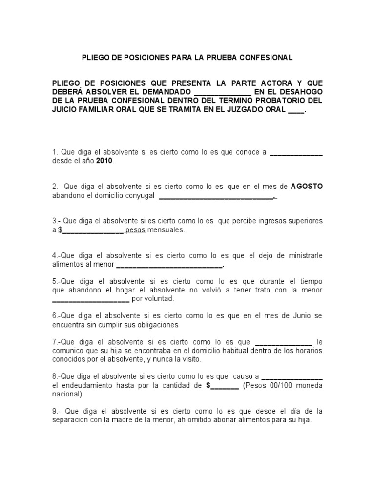Pliego de Posiciones para La Prueba Confesional | PDF Pliego de Posiciones para La Prueba Confesional | PDF