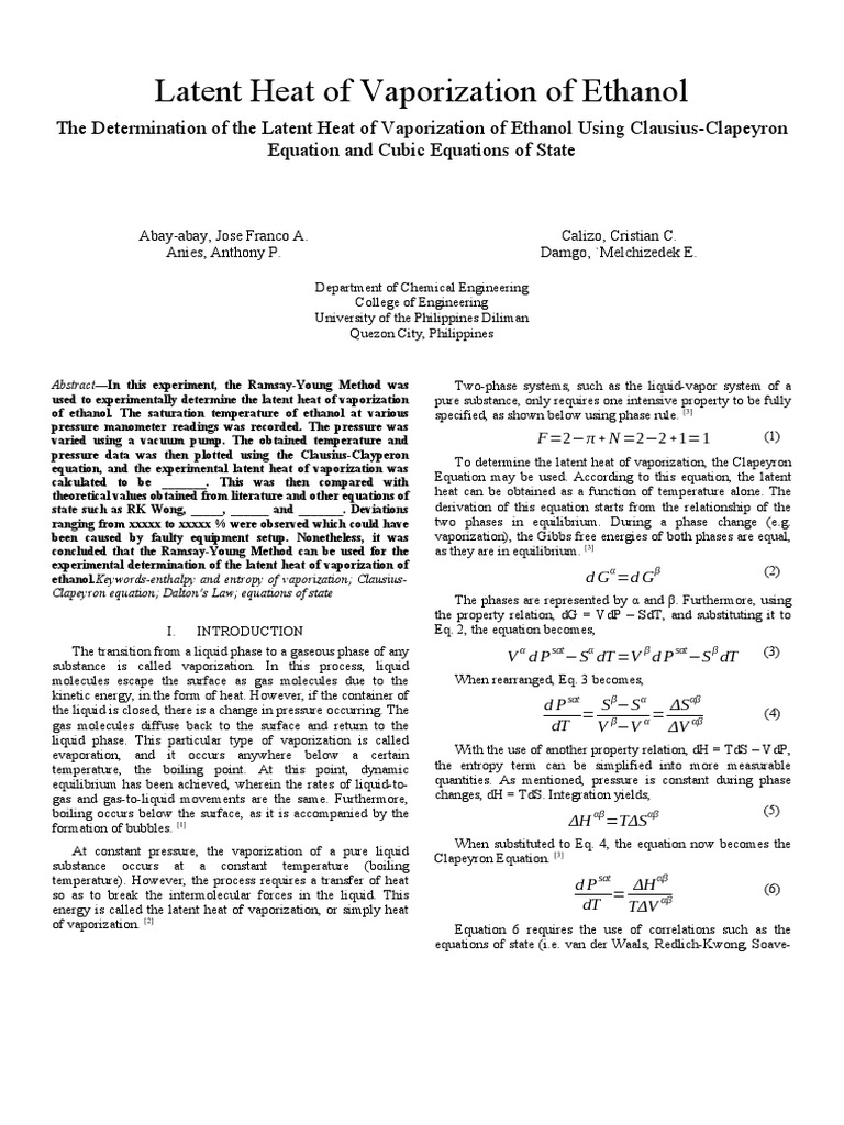 Latent Heat of Vaporization of Ethanol | PDF | Phase (Matter) | Applied ...