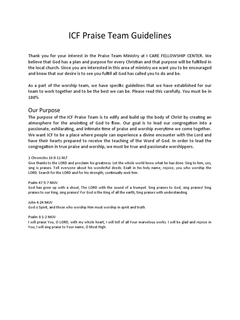 ICF Praise Team Guidelines: Our Purpose | PDF | Worship | God
