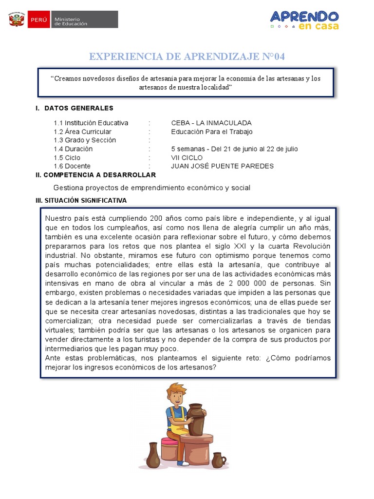 Experiencia de Aprendizaje - 4 Ept - Ceba | PDF | Aprendizaje | Iniciativa empresarial