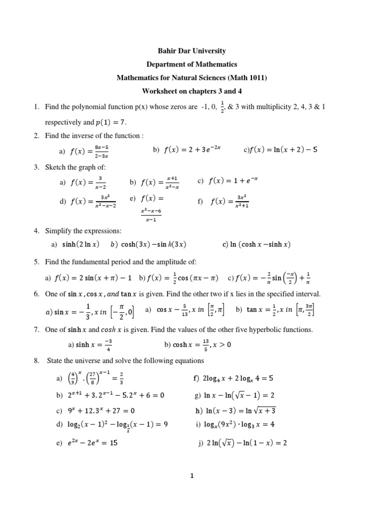 Mathematics For Natural Sciences Math 1011 Worksheet On Chapters 3 and ...