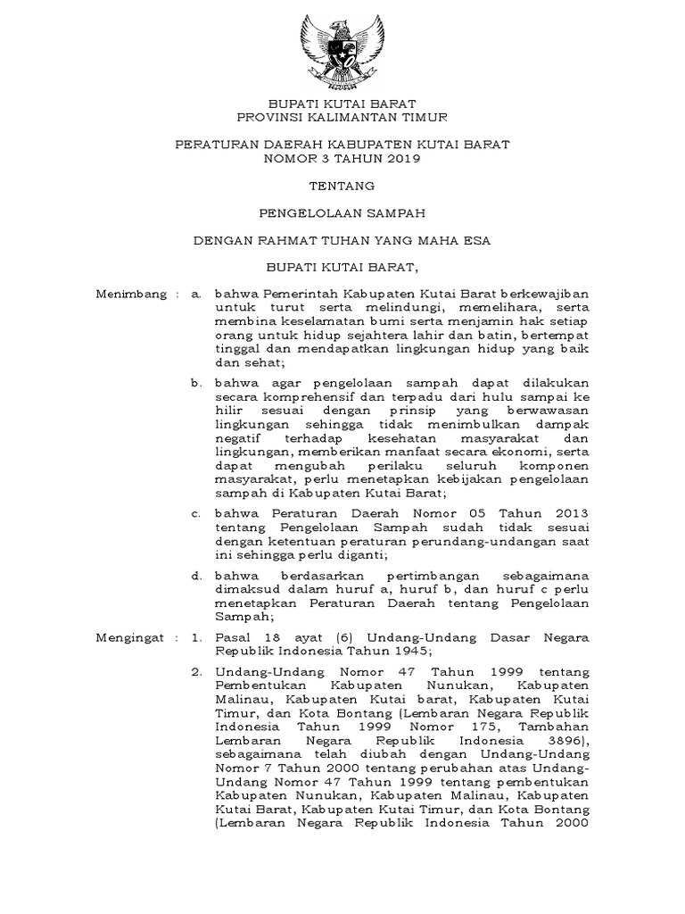 Perda Nomor 3 Tahun 2019 TTG Pengelolaan Sampah | PDF
