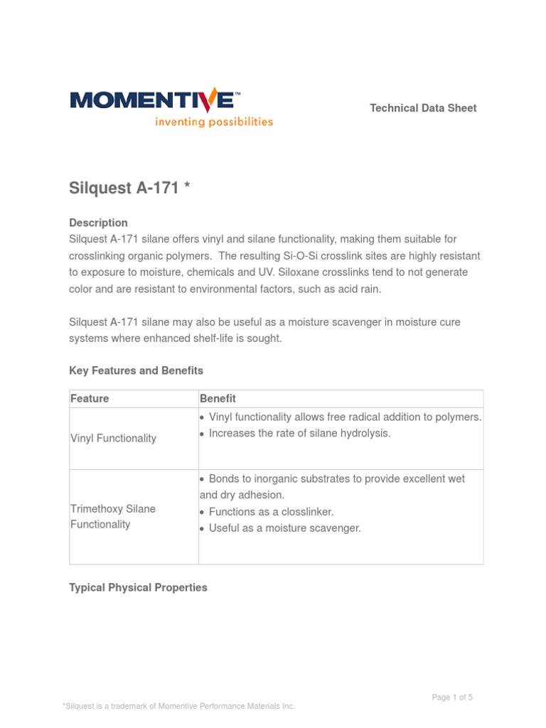 Technical Data Sheet for Silquest A-171 Silane | PDF | Polyvinyl ...