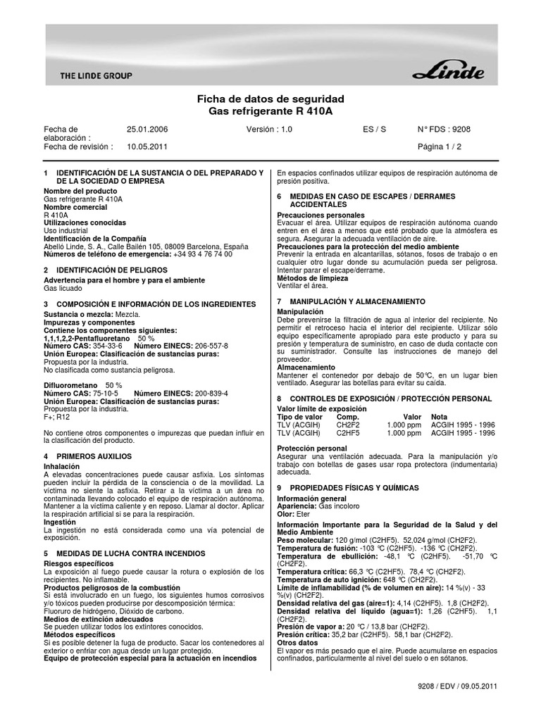 MSDS Linde Gas Refrigerante R410A | Descargar gratis PDF | Gases ...