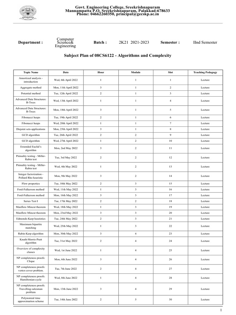 Algorithms and Complexity - Course Plan | PDF | Time Complexity | Prime Number