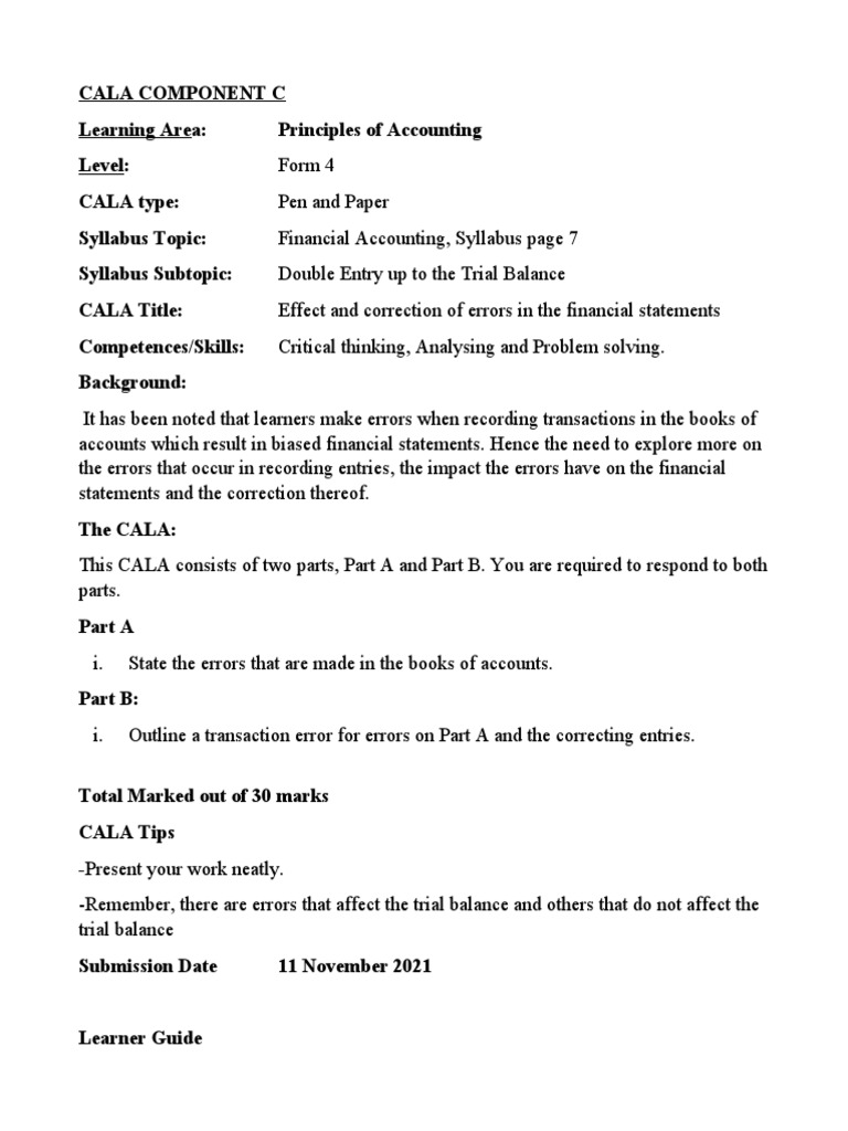 Cala Component C - OLevel Principles of Accounting | PDF | Learning ...