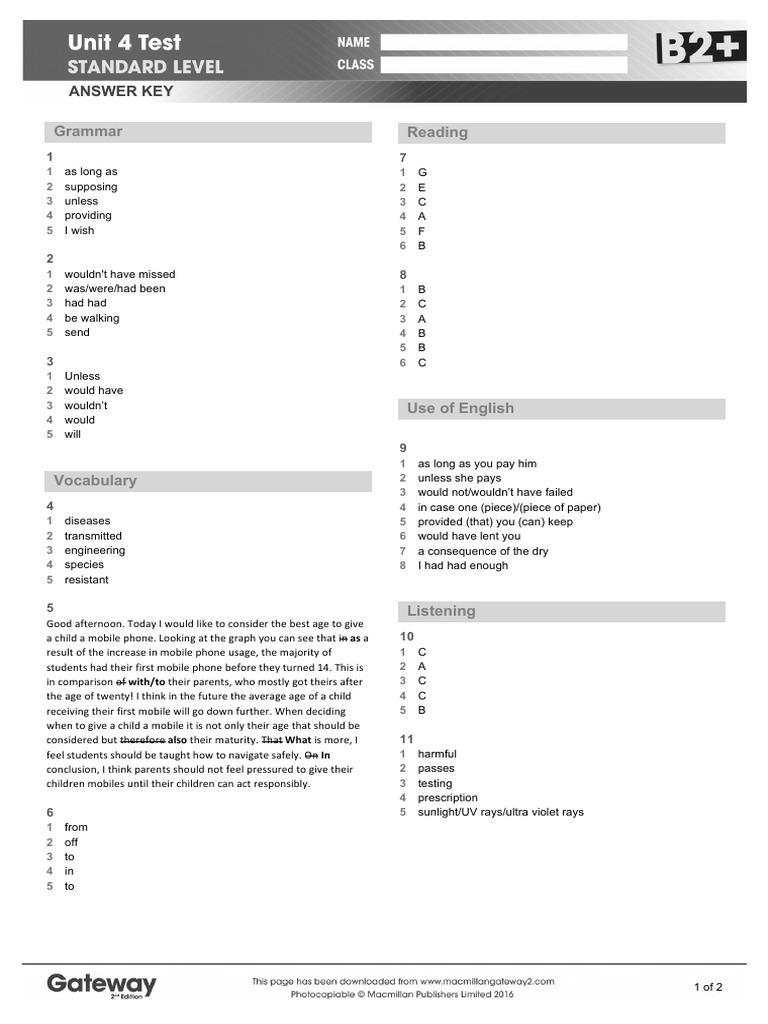 B2+ UNIT 4 Test Answer Key Standard | PDF | Linguistics | Cognition