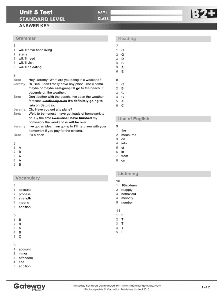 B2+ UNIT 5 Test Answer Key Standard | PDF | Cognition | Linguistics