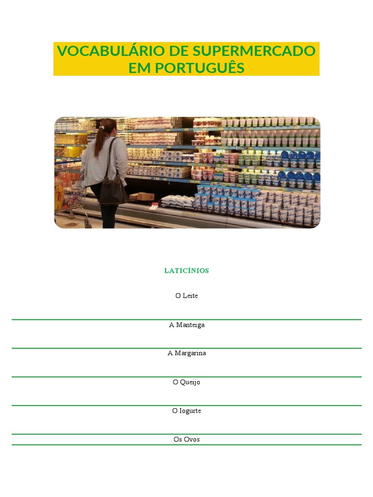 Vocabulário de supermercado em português | PDF | Alimentos | Comidas e ...