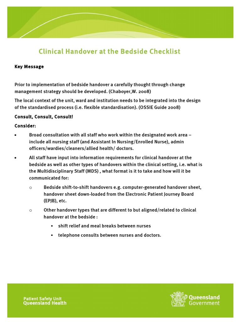 Clinical Handover at The Bedside Checklist: Patient Safety Unit | PDF ...