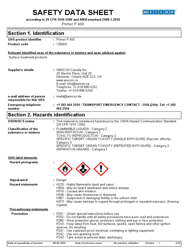 Safety Data Sheet: Section 1. Identification | PDF | Firefighting | Safety