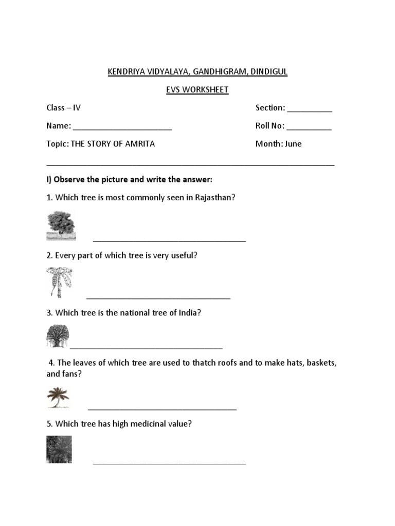 The Story of Amrita: An Educational Worksheet About Trees and Their ...