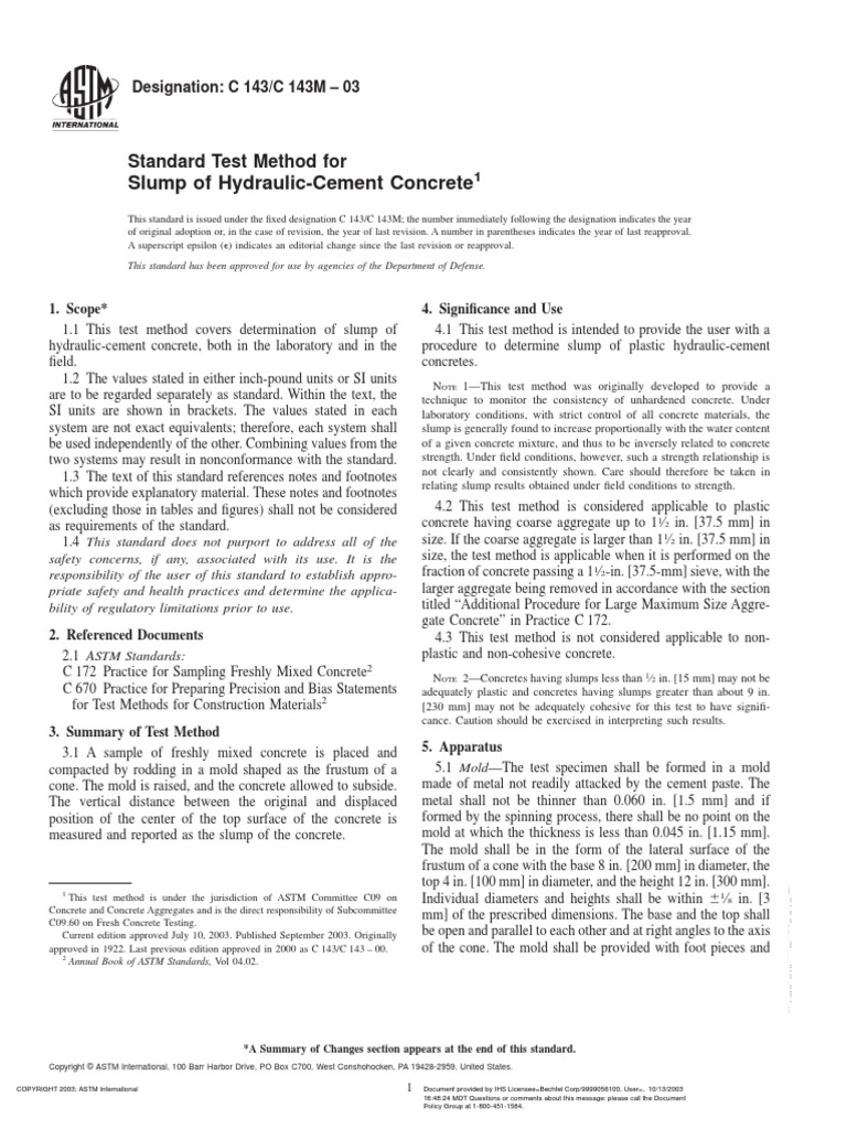 ASTM C143 C143M 03 Slump of Hydraulic Cement | Download Free PDF ...