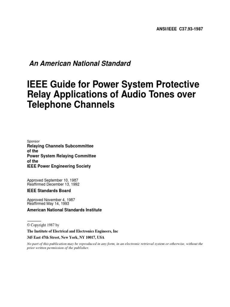 IEEE Guide For Power System Protective Relay Applications of Audio Tones Over Telephone Channels ...