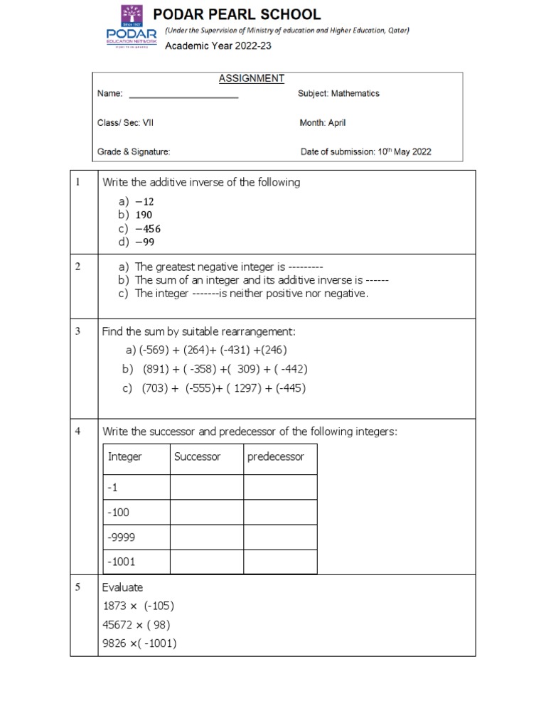 Shantiniketan Indian School, Doha Qatar Mathematics - Vii Worksheet ...