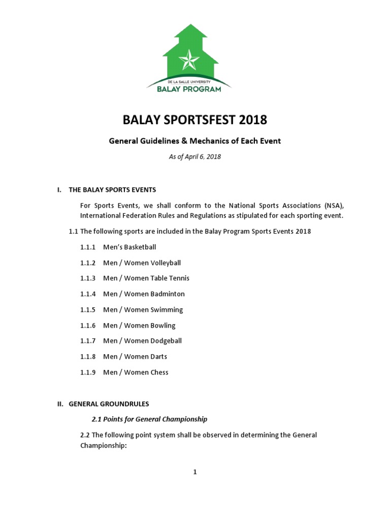 Balay Sportsfest 2018 Guidelines | PDF | Ball Games | Games Of Physical ...