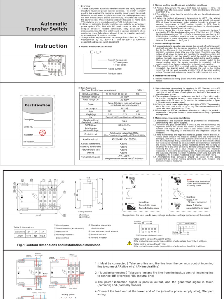 W2R Regular Automatic Transfer Switch ATS User Guide | PDF