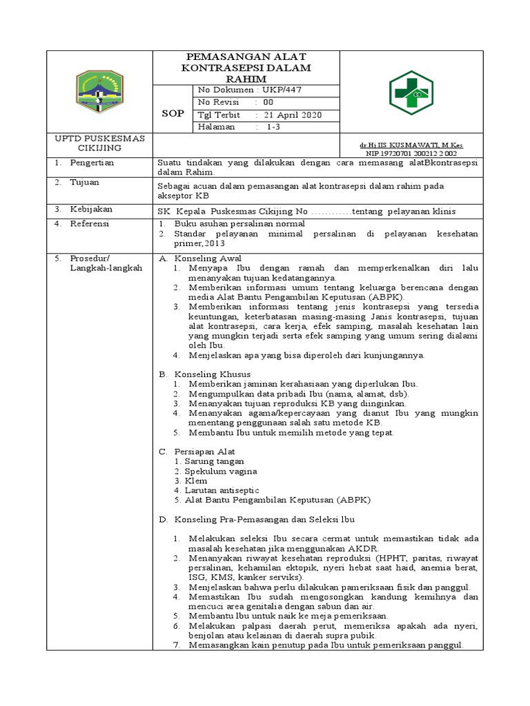 SOP Pemasangan AKDR di Puskesmas | PDF | Pengembangan Diri | Sains ...