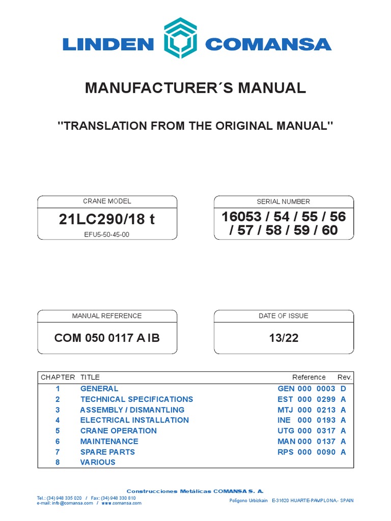 Linden Comansa 21 LC 290 18T - Manufacturer Manual | PDF | Crane (Machine) | Horsepower