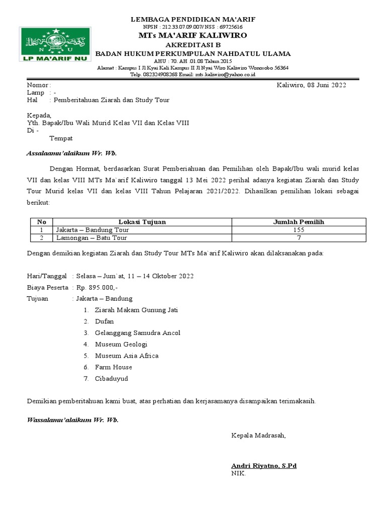 Surat Pemberitahuan Study Tour (Wisata Pendidikan) Tahap 2 | PDF