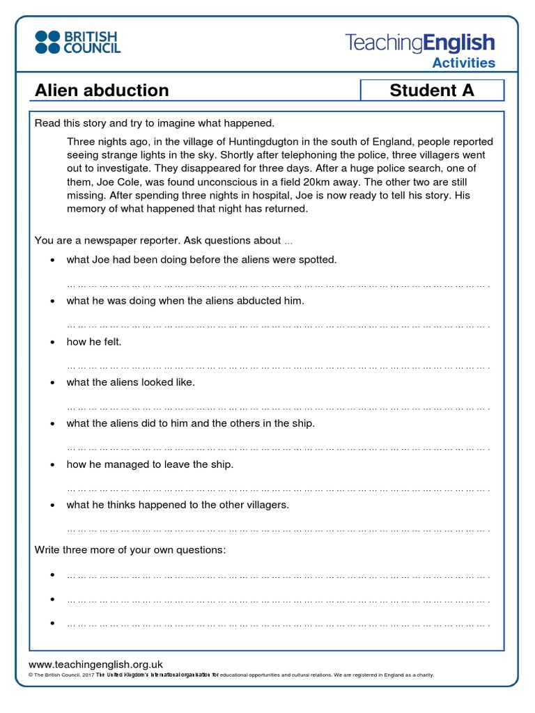 Teaching Kids Activities Alien Abduction Student A | PDF